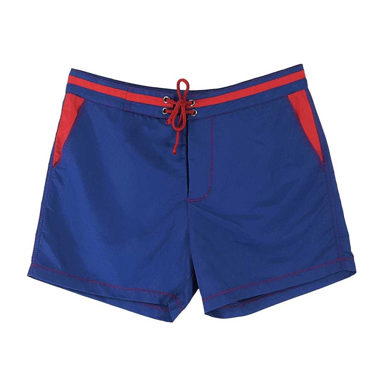 Navy blue men's recycled swim shorts with red details - BLUEBUCK